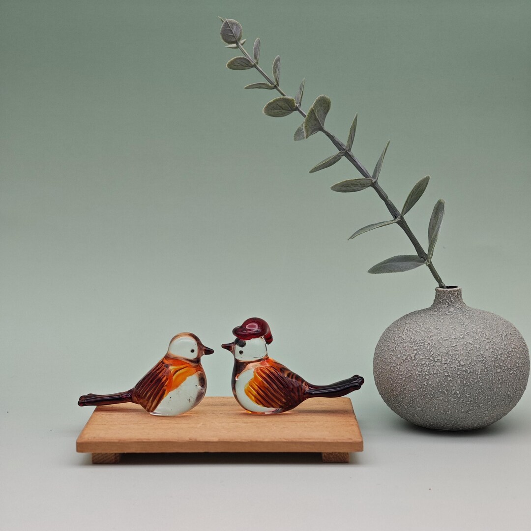 Set of 2 Glass Bird Figurines-brown Glass Blowing Bird-art Glass Bird ...
