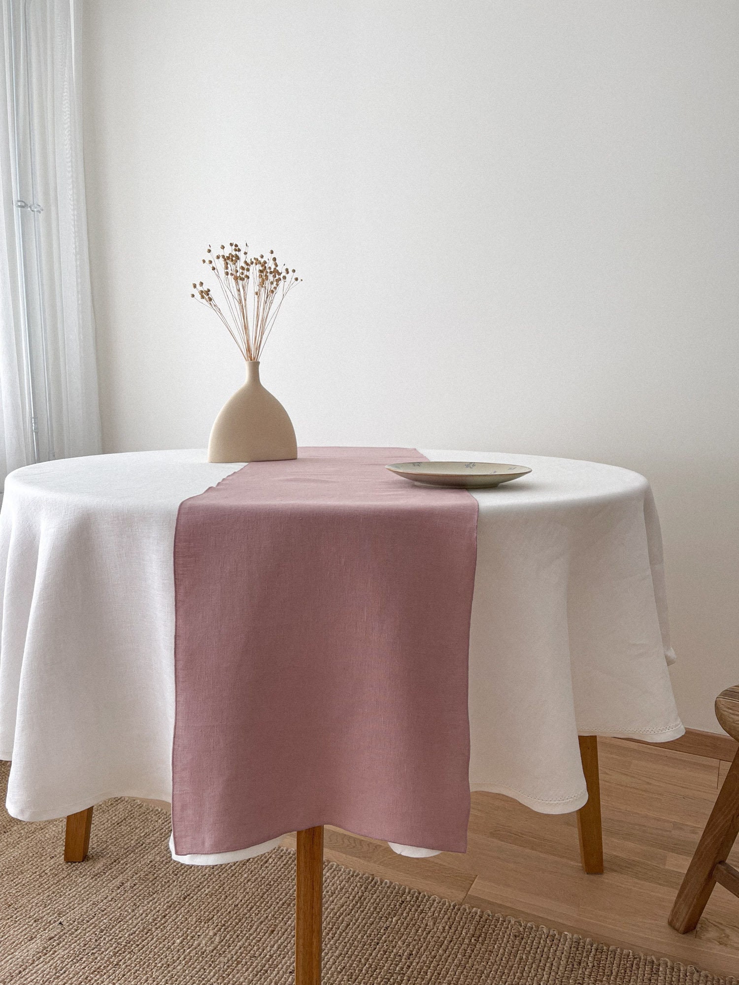 Dusty Pink Linen Table Runner With Decorative Stitch, Washed Linen ...