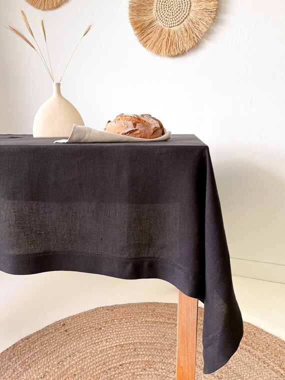 Black Linen Tablecloth With Hemstitch Bohemian Table Cover - Etsy