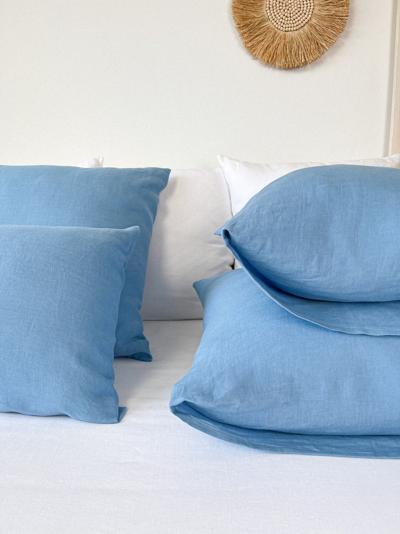 Queen Linen Sheet Set, Light Blue Washed Linen Bedsheets, Sustainable ...