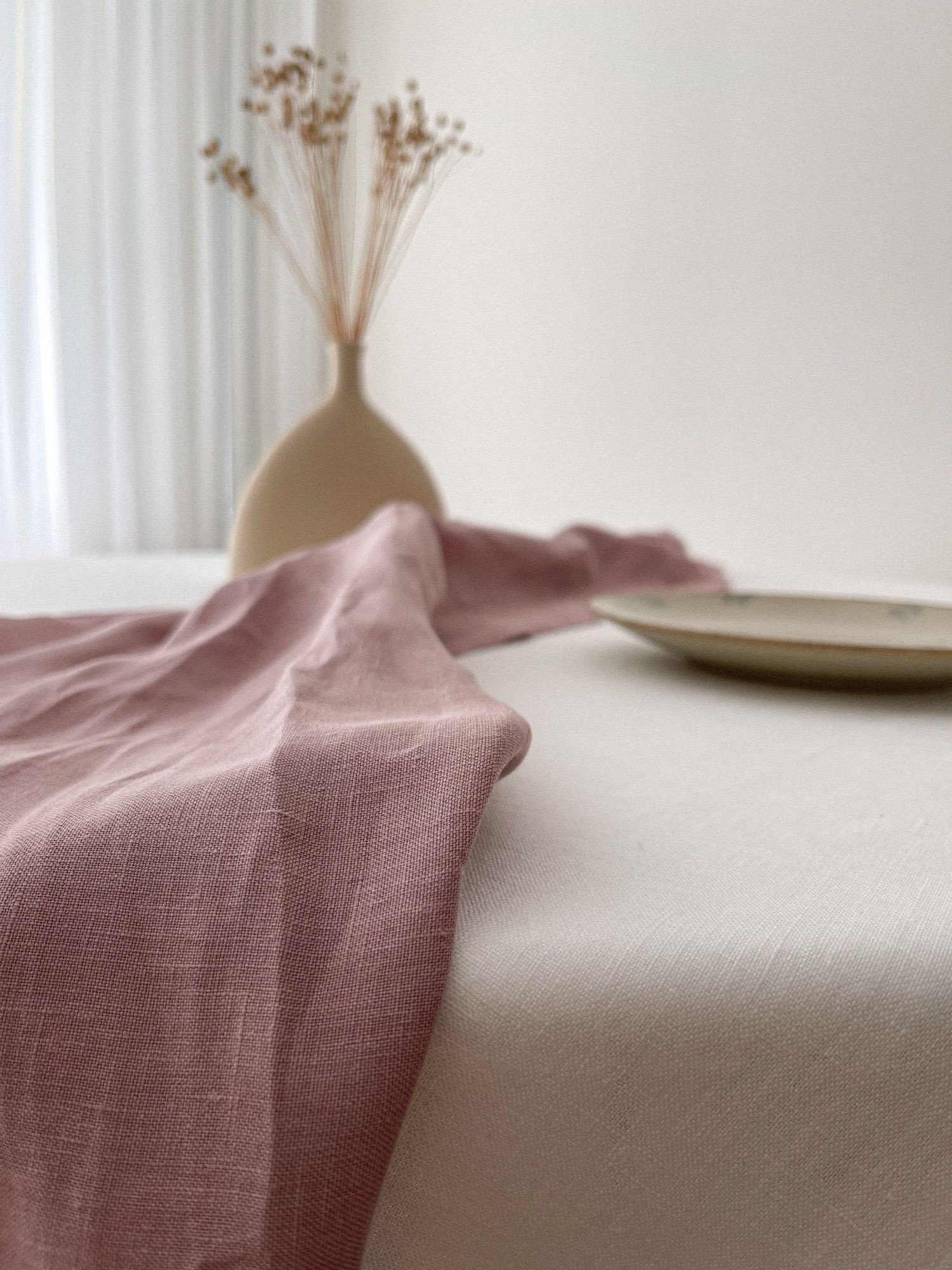 Dusty Pink Linen Table Runner With Decorative Stitch, Washed Linen ...