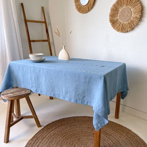 Sky Blu Linen Tablecloth With Hemstitch, Linen Table Cover, Rectangular ...