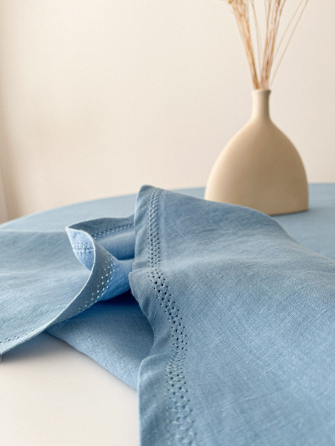Light Blue Linen Table Cloth, Washed Circle Table Linen With Hemstitch ...