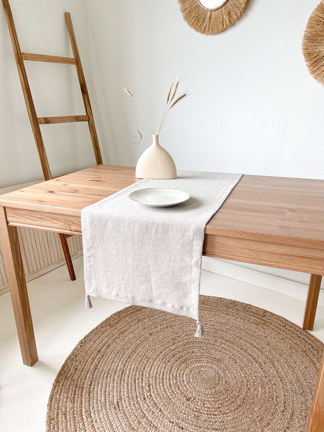 Beige Table Linen Runner With Tassels, Boho Table Runner, Natural Table ...