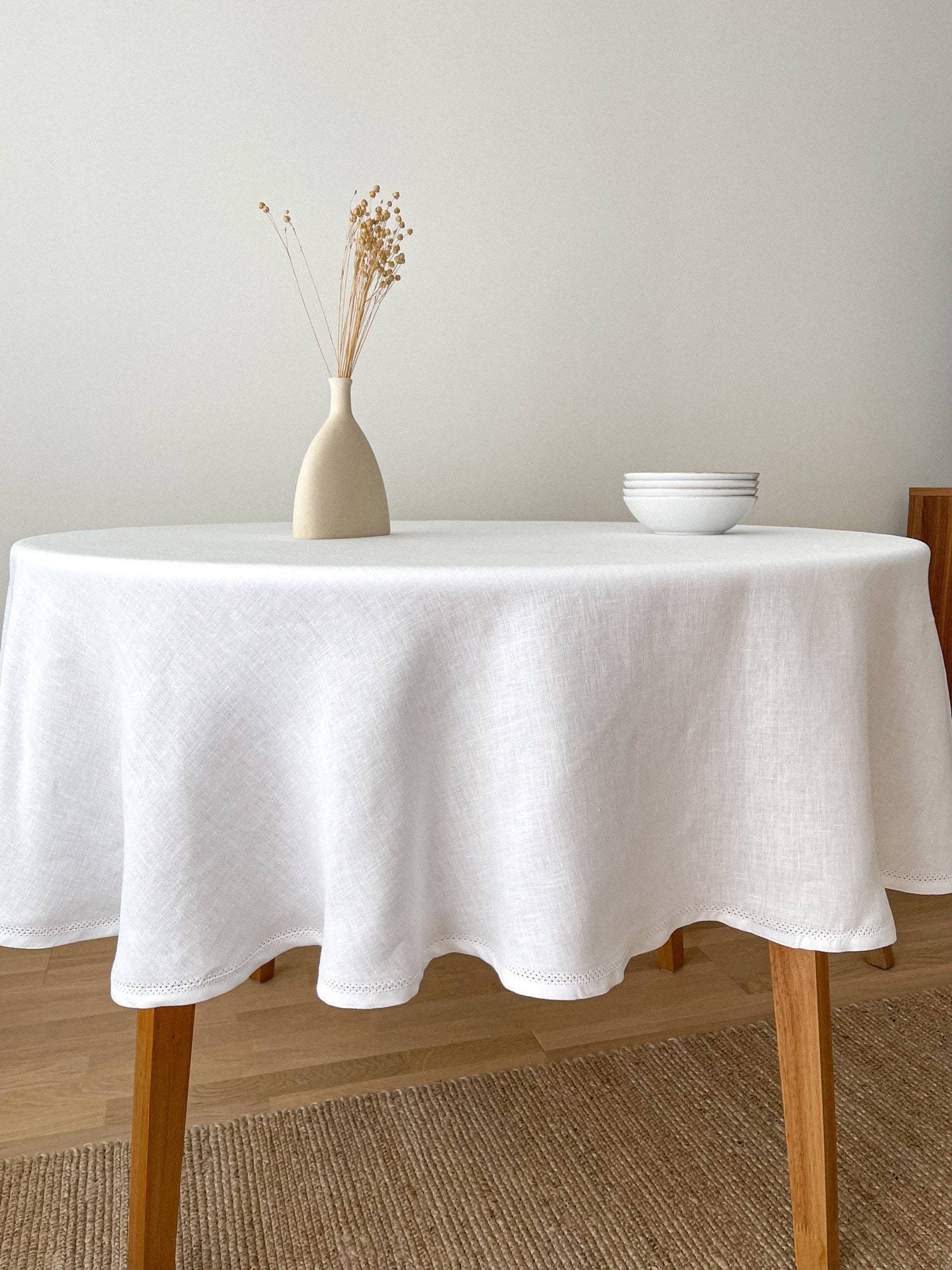 Large Round Linen Tablecloth With Hemstitch, Natural Flax Table Cloth ...