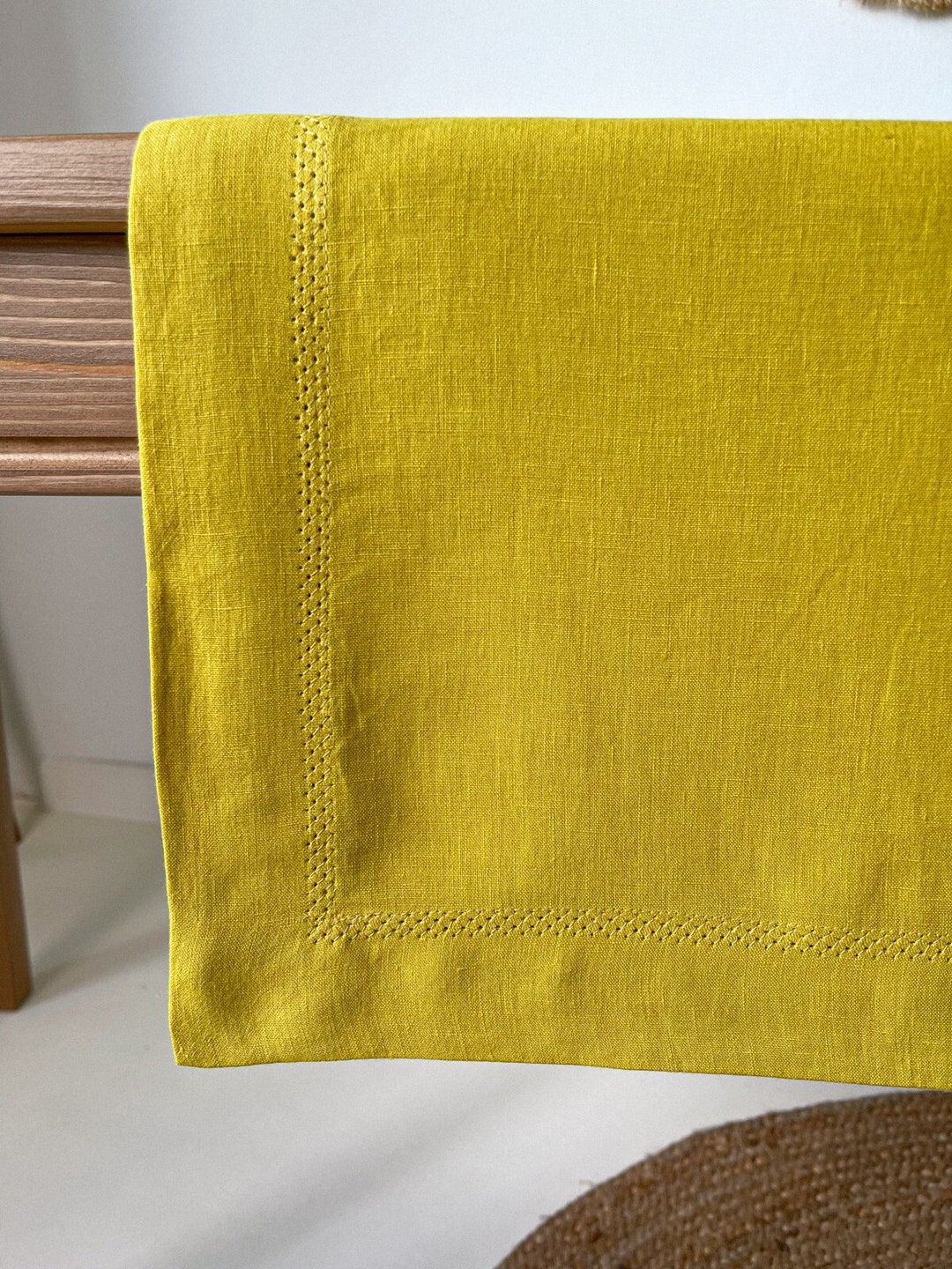 Washed Linen Tablecloth in Chartreuse Yellow, Hemstitched Soft Linen ...