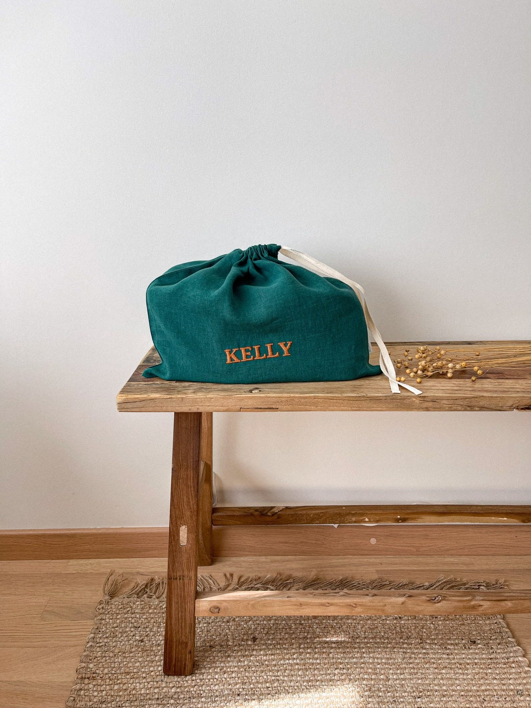 Personalised Shoe Bag in Dark Green, Custom Name Linen Drawstring Bag ...