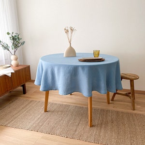 Light Blue Linen Table Cloth, Washed Circle Table Linen With Hemstitch ...