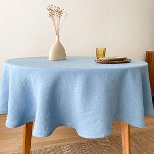 Light Blue Linen Table Cloth, Washed Circle Table Linen With Hemstitch ...