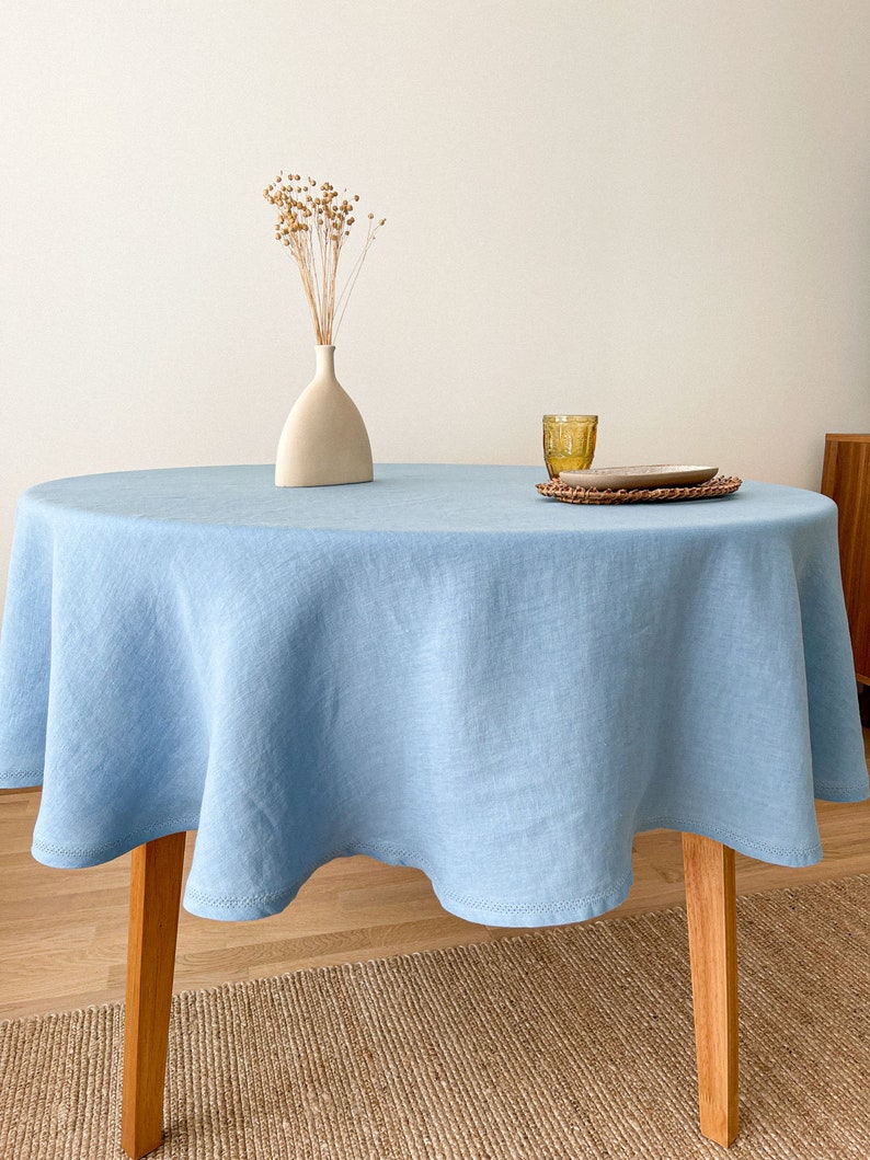 Light Blue Linen Table Cloth, Washed Circle Table Linen With Hemstitch ...