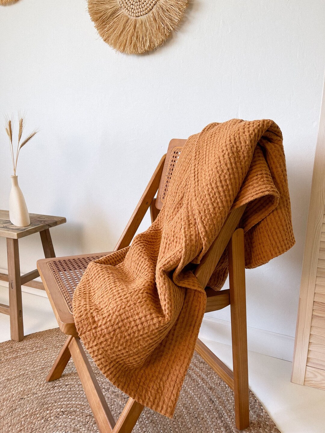 Waffle Throw Blanket in Cinnamon Color, Boho Style Couch Blanket, Puffy ...