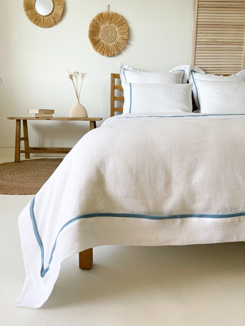 White Bordered Linen Duvet Cover With Blue Trim Linen Bedding - Etsy