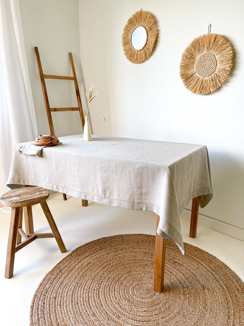 Natural Linen Tablecloth With Hemstitch, Beige Table Decor, Rectangular ...