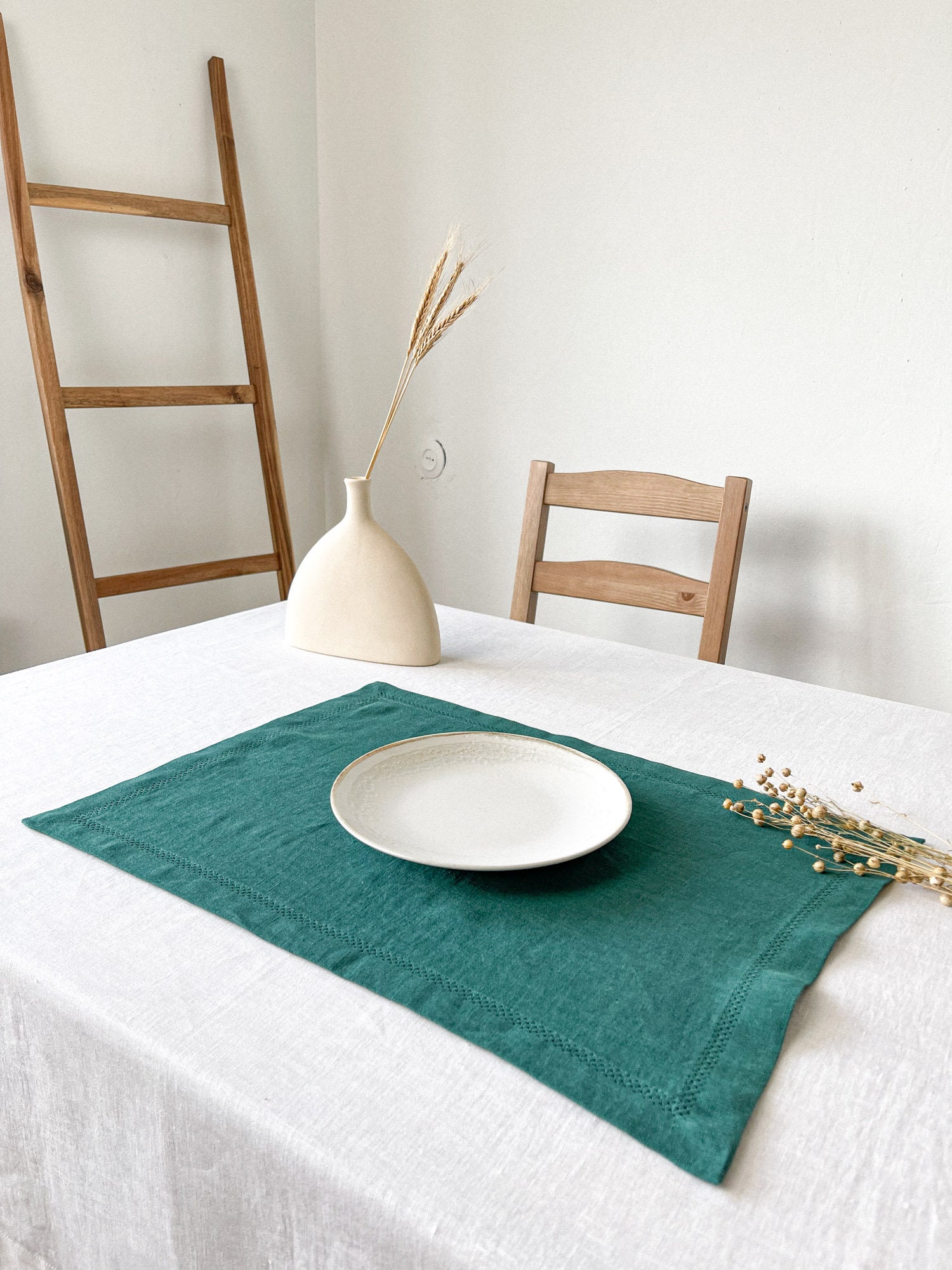 Hemstitch Dark Green Linen Table Placemats, Forest Placemats Set, Zero ...