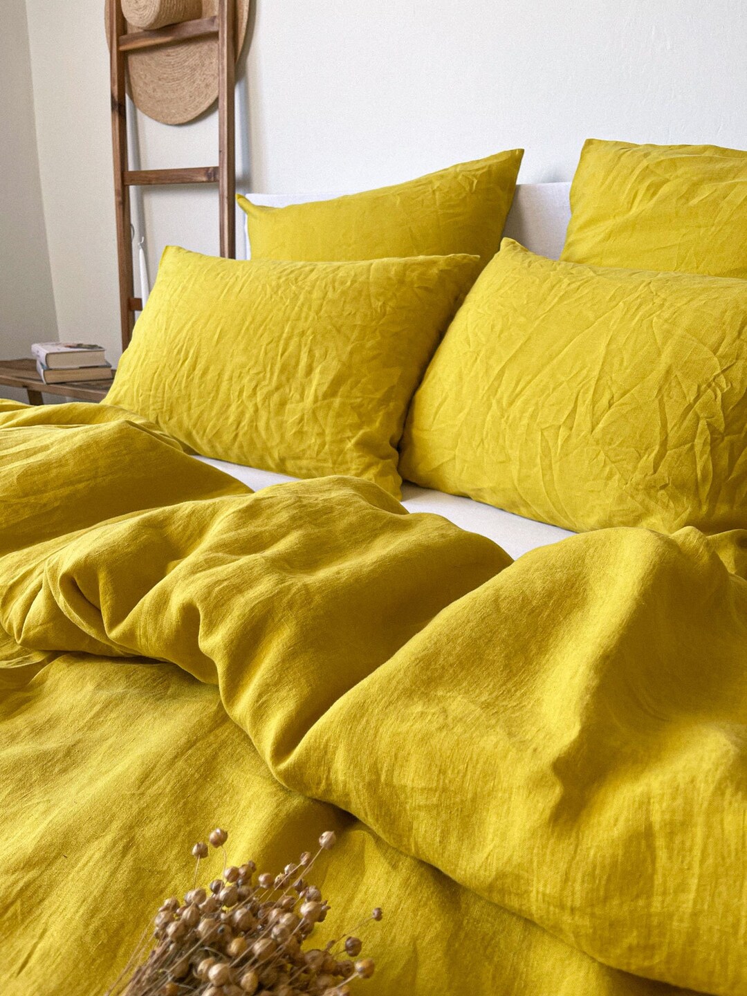 Washed Linen Duvet Cover in Chartreuse, Lightweight Flax Bedding ...