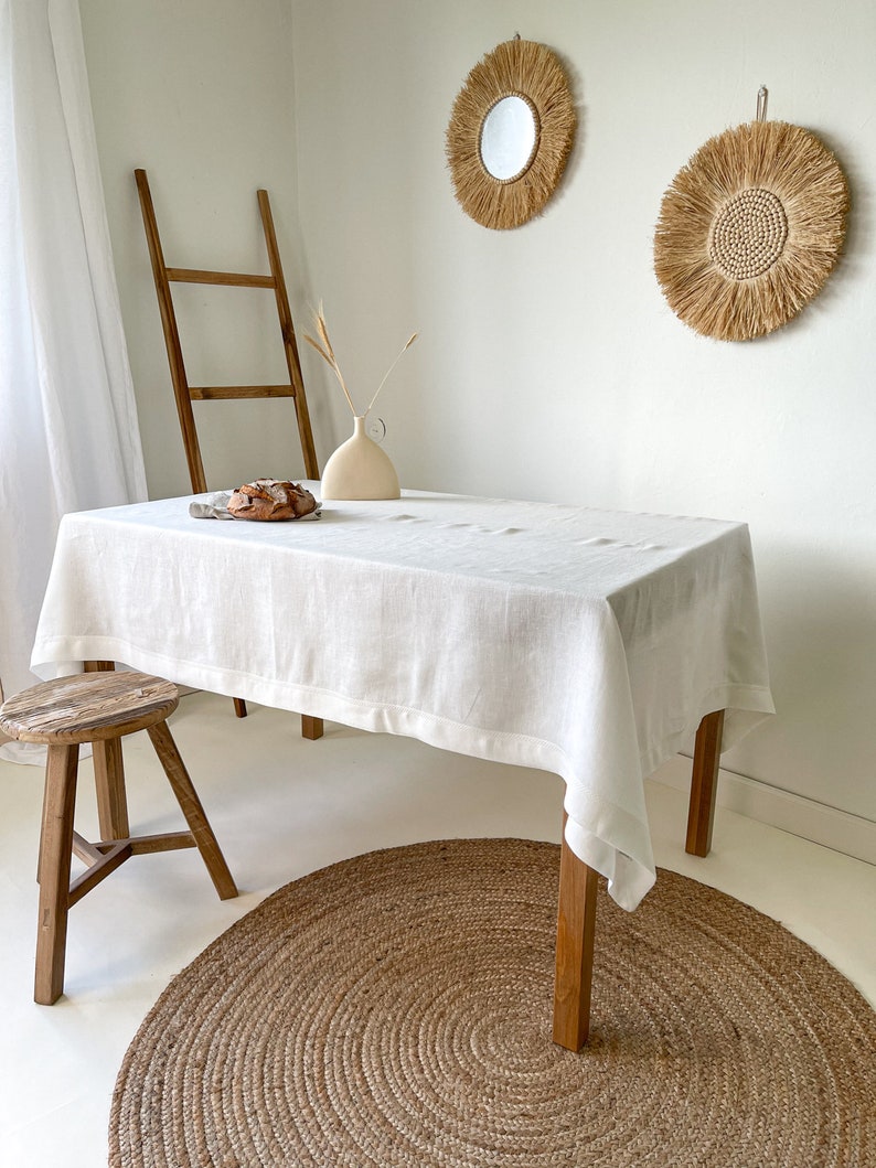 Off White Linen Tablecloth With Hemstitch, Natural Table Cover, Vintage ...