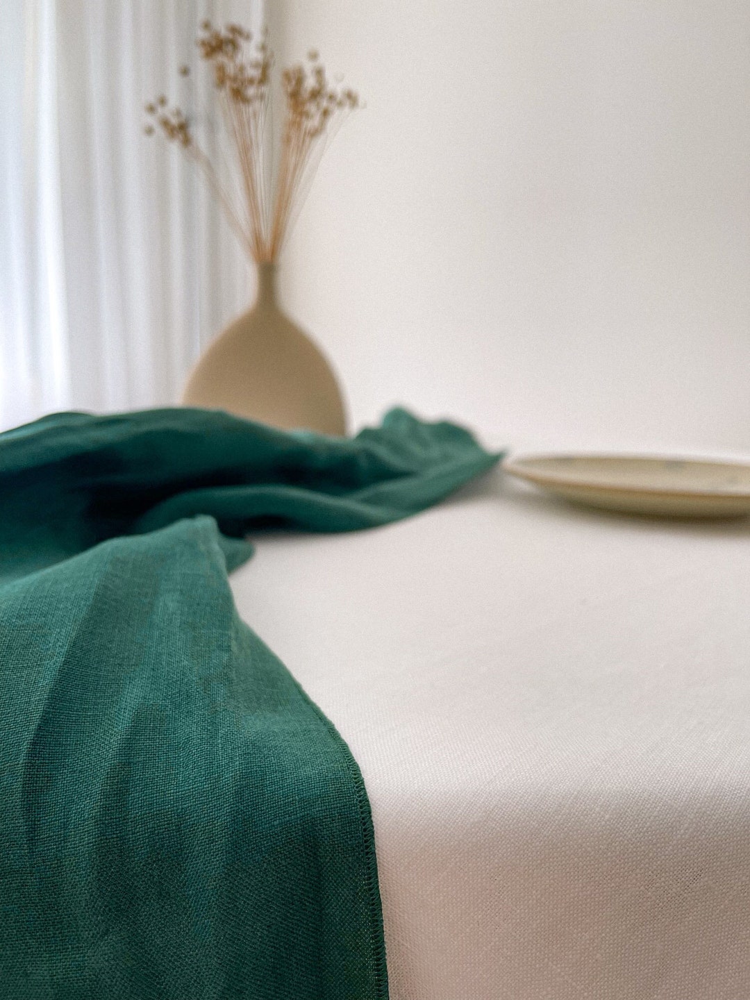 Dark Green Linen Table Runner With Decorative Stitch, Washed Linen ...