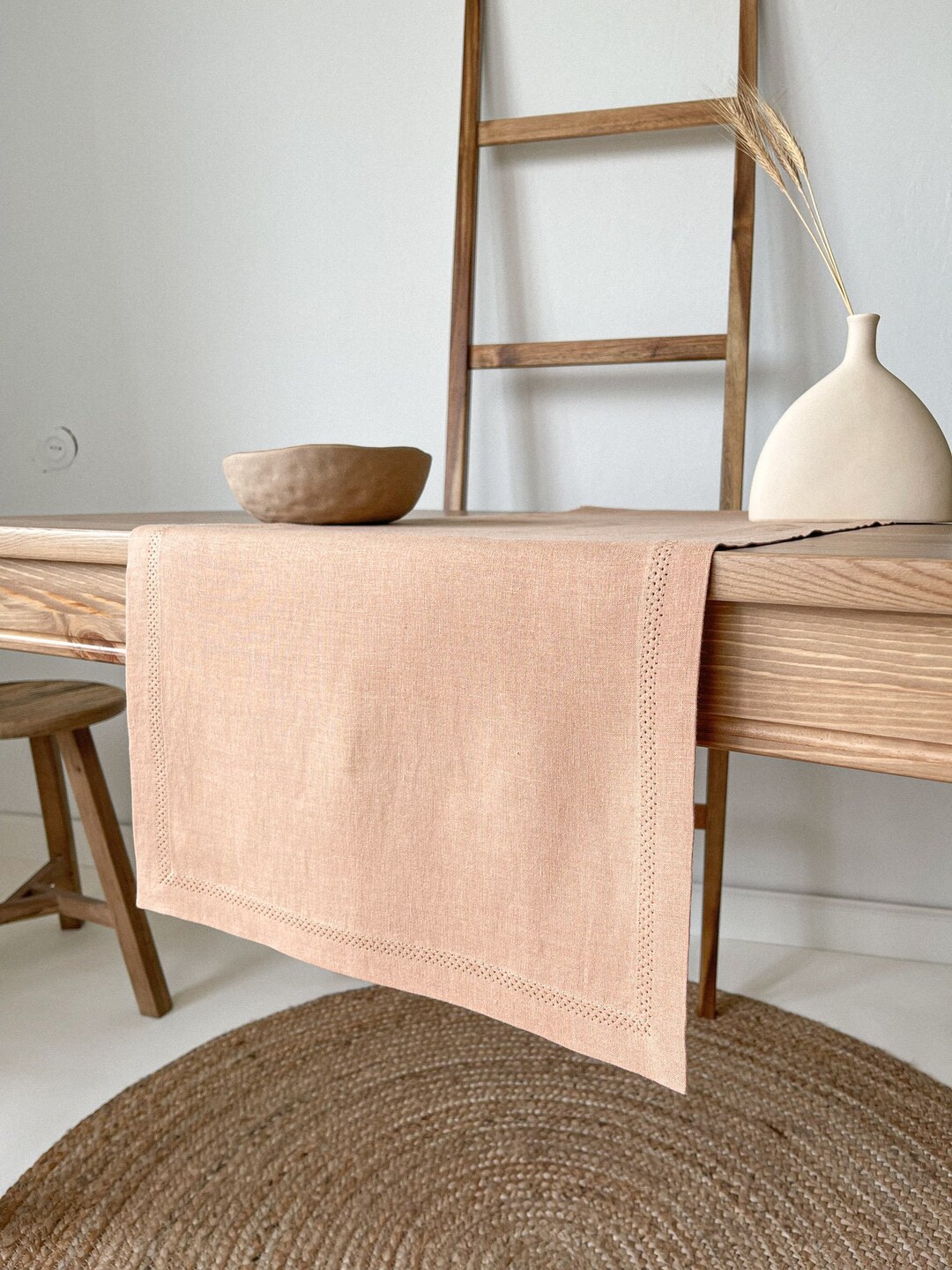 Hemstitch Linen Table Runner, Boho Table Runner in Tan Color, Kitchen ...