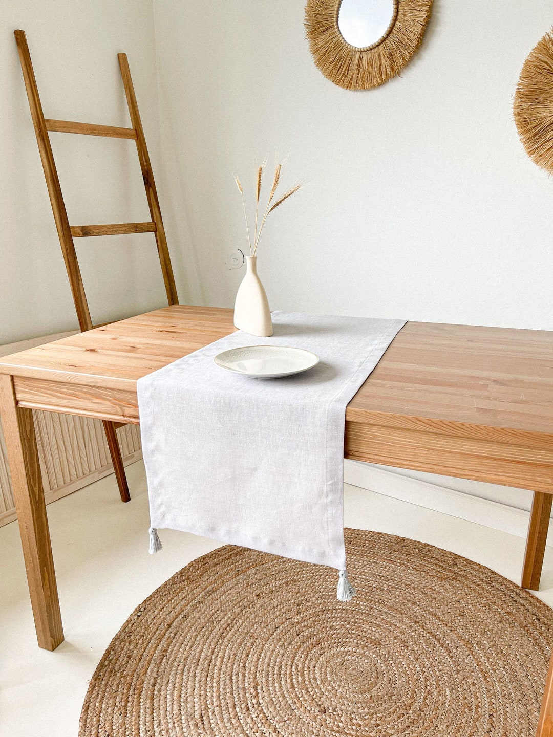 Light Grey Table Runner With Tassels, Linen Table Runner, Washed Linen ...