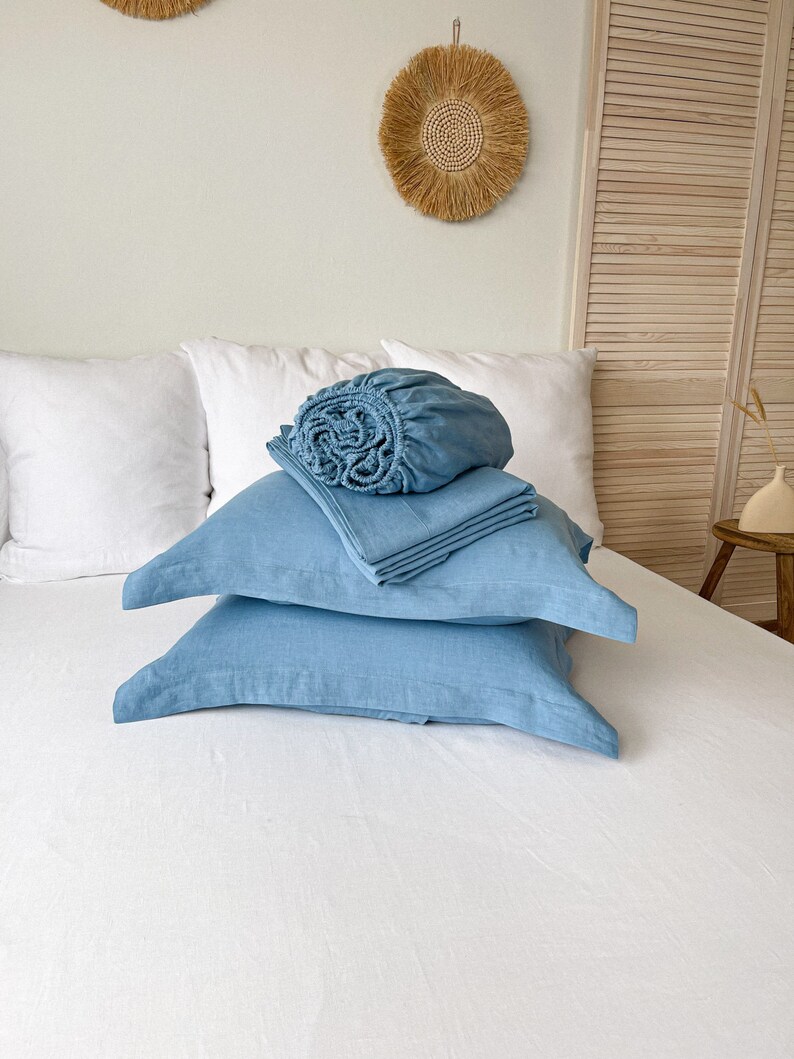 Queen Linen Sheet Set, Light Blue Washed Linen Bedsheets, Sustainable ...