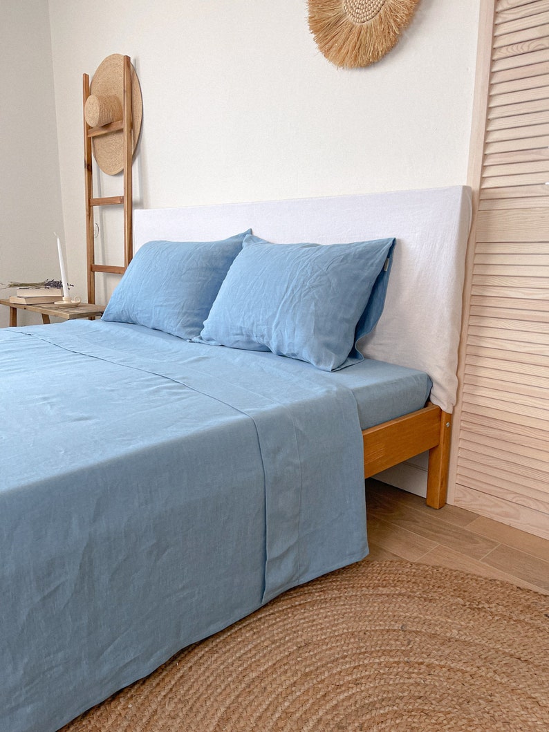 Queen Linen Sheet Set, Light Blue Washed Linen Bedsheets, Sustainable ...