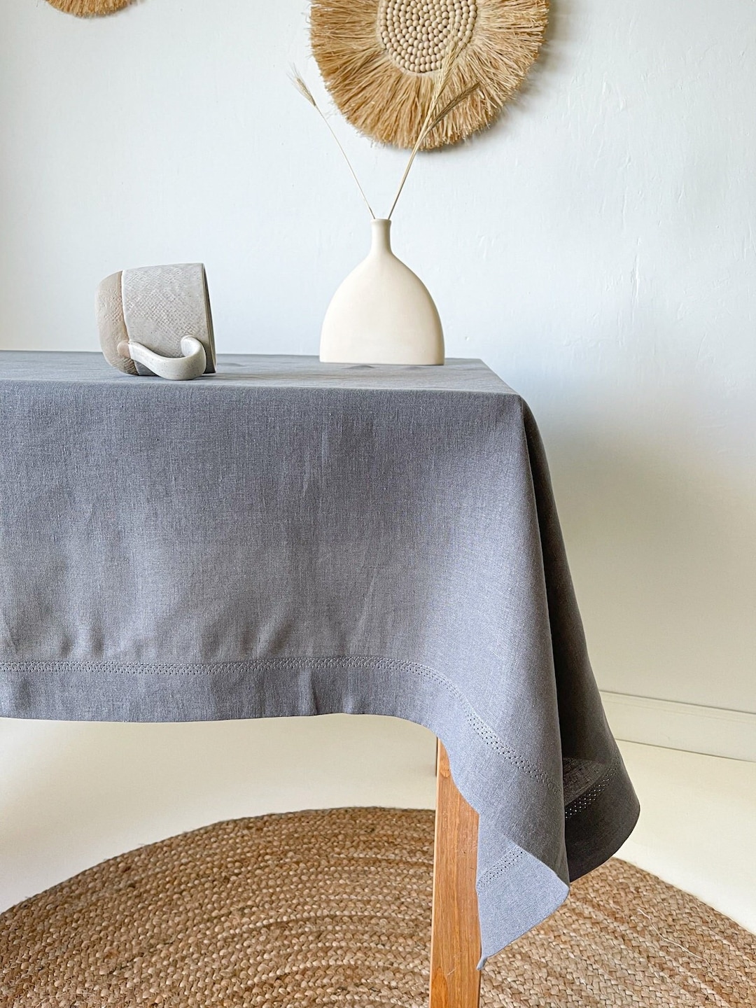 Charcoal Linen Tablecloth With Hemstitch, Rustic Table Cover ...