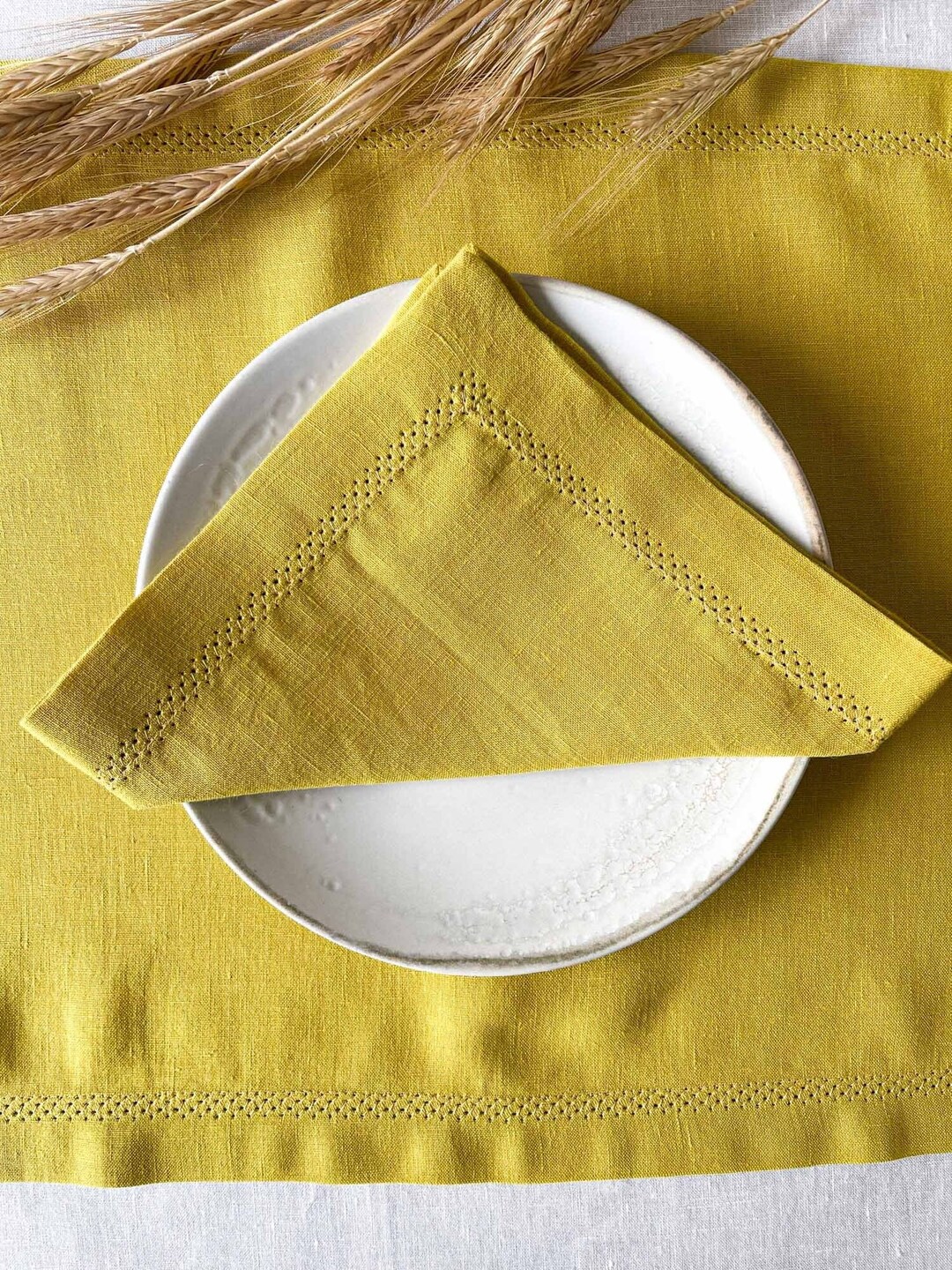 Linen Napkins With Hemstitch in Chartreuse, Washed Table Linen Decor ...