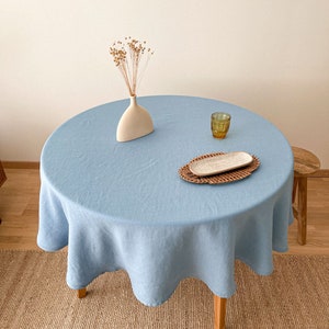 Light Blue Linen Table Cloth, Washed Circle Table Linen With Hemstitch ...