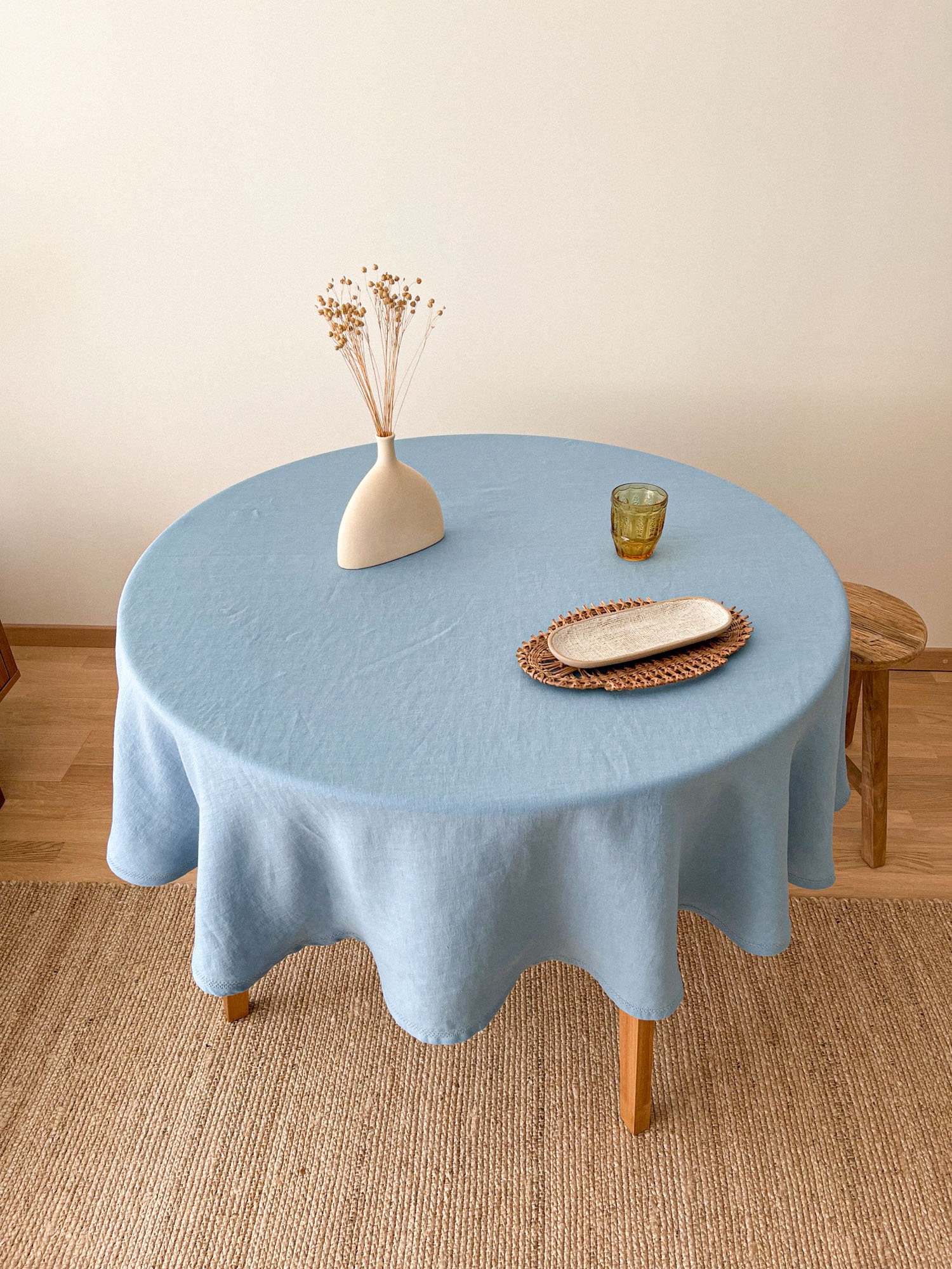 Light Blue Linen Table Cloth, Washed Circle Table Linen With Hemstitch ...