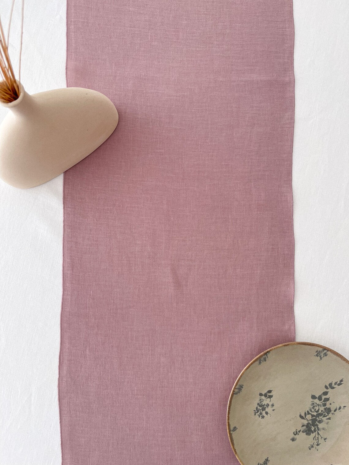 Dusty Pink Linen Table Runner With Decorative Stitch, Washed Linen ...