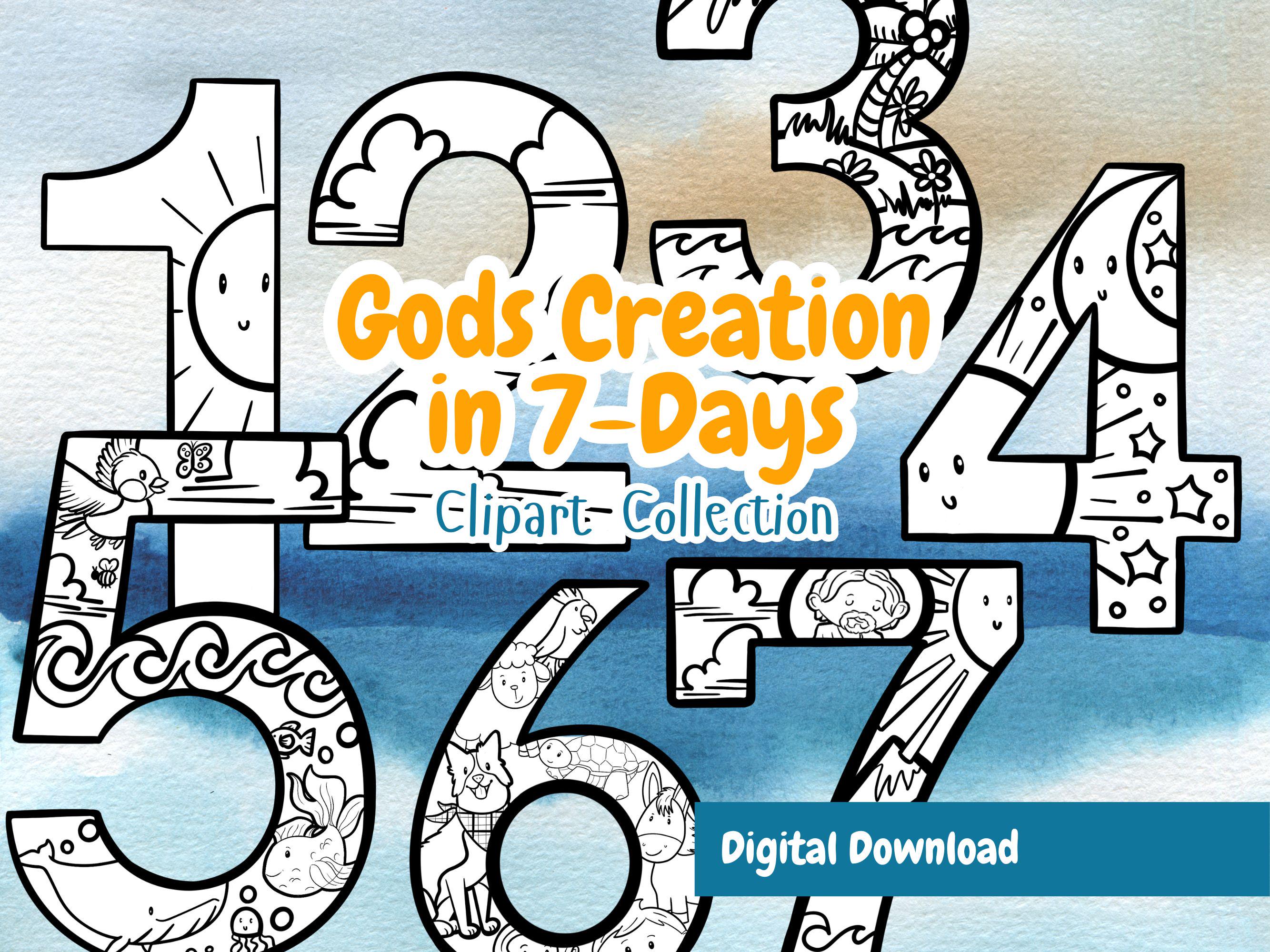 God's Creation in 7 Days Clipart B&W | Genesis Bible Story | PNG ...