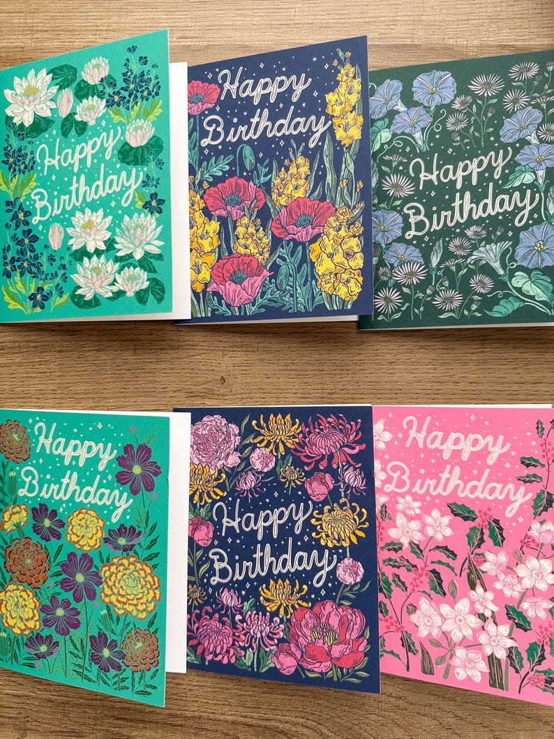Birth Flower Birthday Card Set, Illustrated Floral Happy Birthday Cards ...