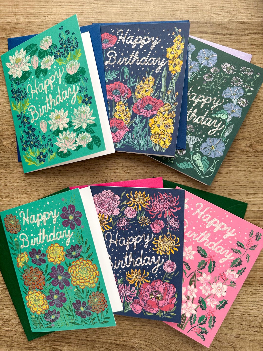 Birth Flower Birthday Card Set, Illustrated Floral Happy Birthday Cards ...