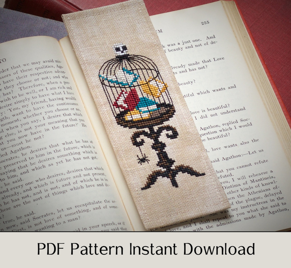 Bookmark Cross Stitch Pattern Books in a Birdcage PDF - Etsy