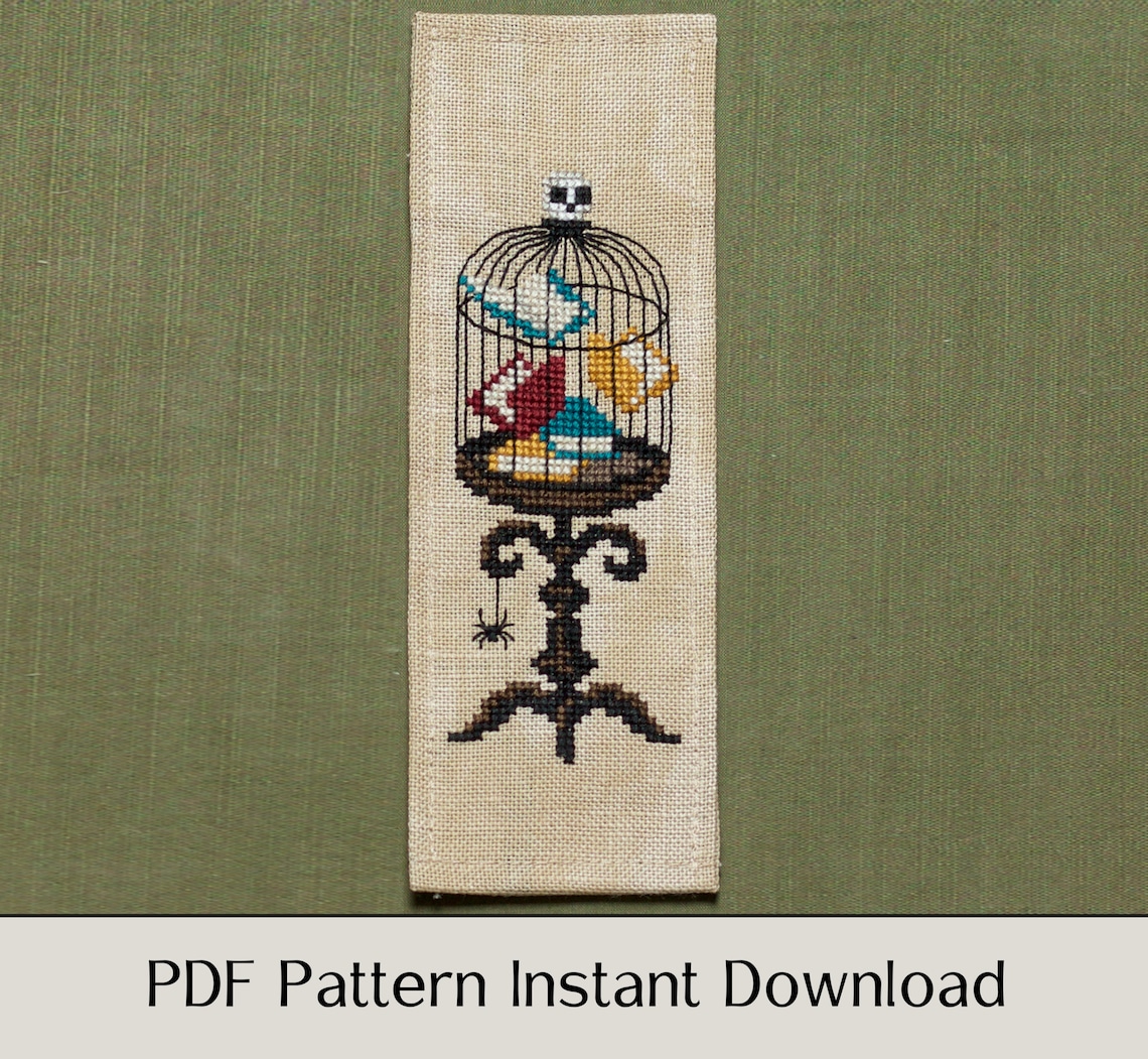 Bookmark Cross Stitch Pattern Books in a Birdcage PDF - Etsy