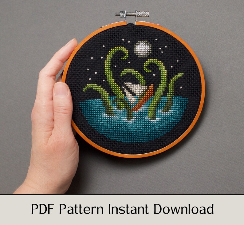 Cross Stitch Pattern Kraken Moon and Boat PDF Instant - Etsy