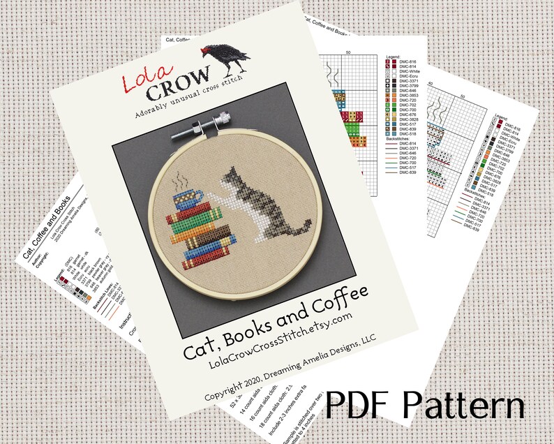 Cross Stitch Pattern Cat Books and Coffee PDF Instant | Etsy