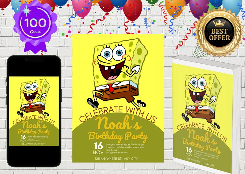 Pool Party Birthday Invitation: Blue Spongebob Beach-themed Tropical ...