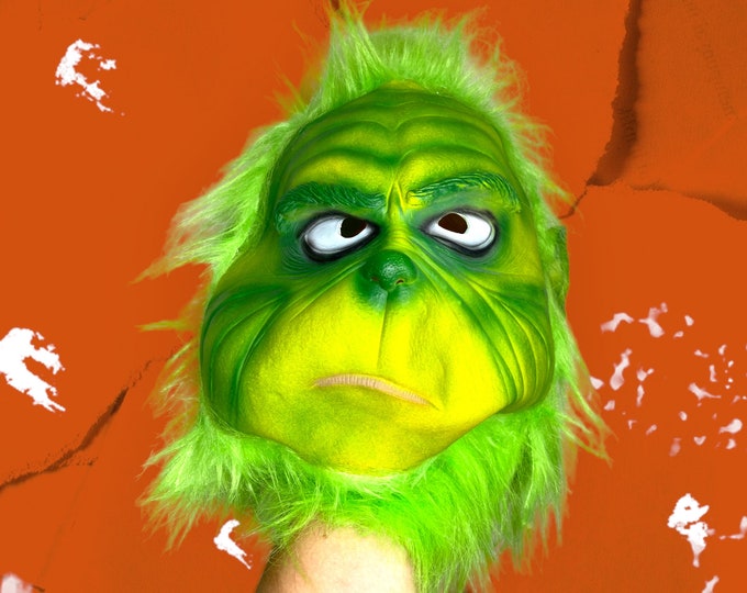 Grinch Costume Mask Latex With Green Furry Fur for Halloween Christmas ...