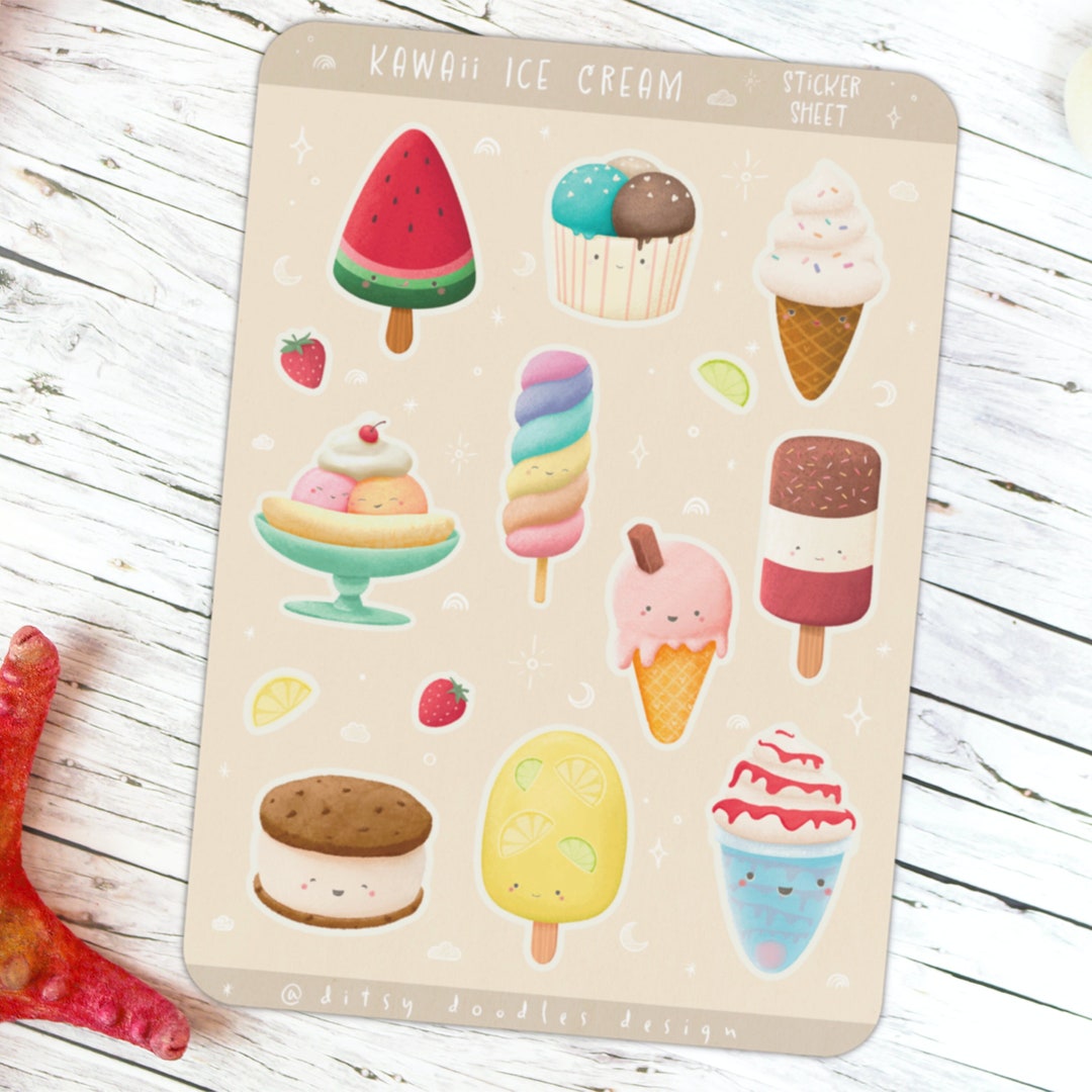 Ice Cream Sticker Sheet, Cute Kawaii Popsicle Stickers, Sweet Hand ...
