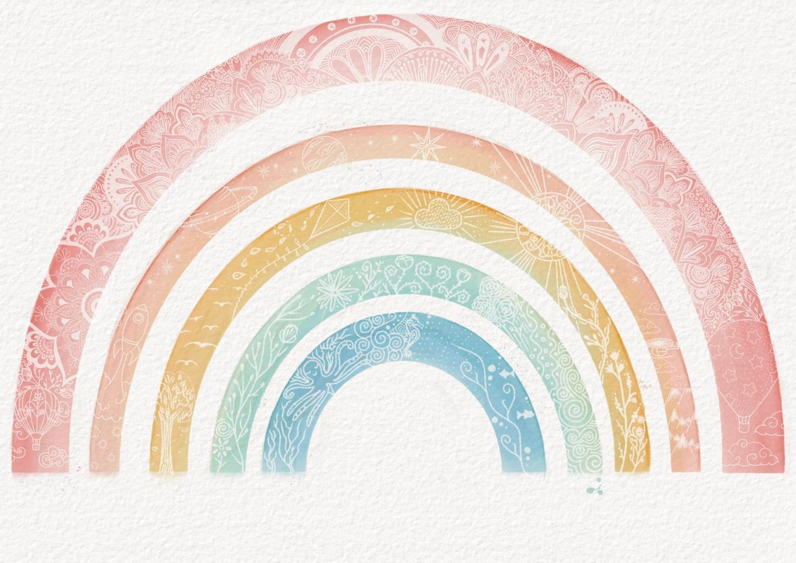 Pastel Watercolour Painted Rainbow Art Print, Delicate Doodle ...