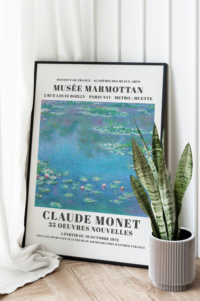 Monet Water Lilies Exhibition Poster: Vintage Blue Floral Print ...