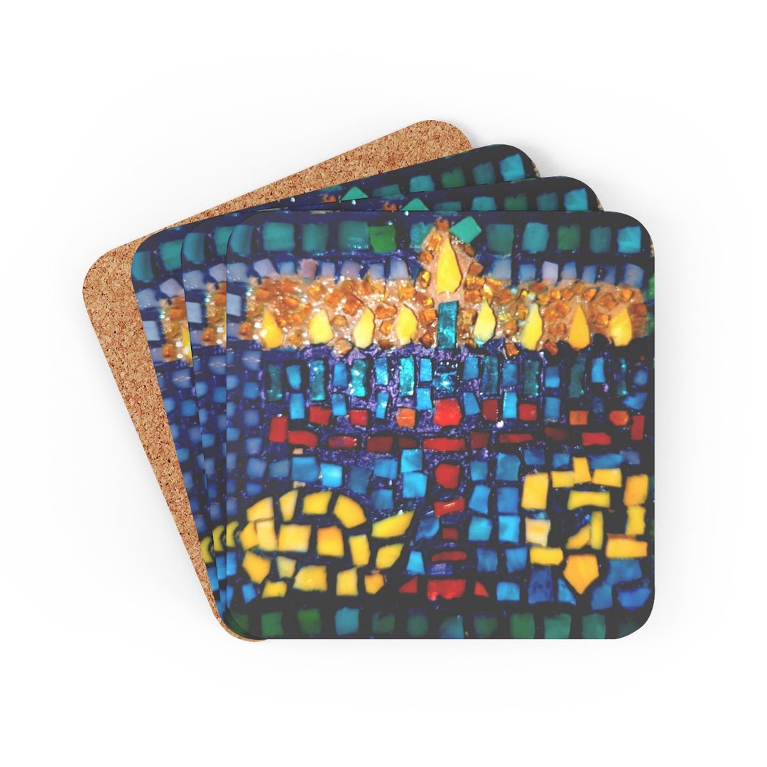 Hanukkah Themed Menorah Mosaic Set of Cork Coasters Corkwood - Etsy