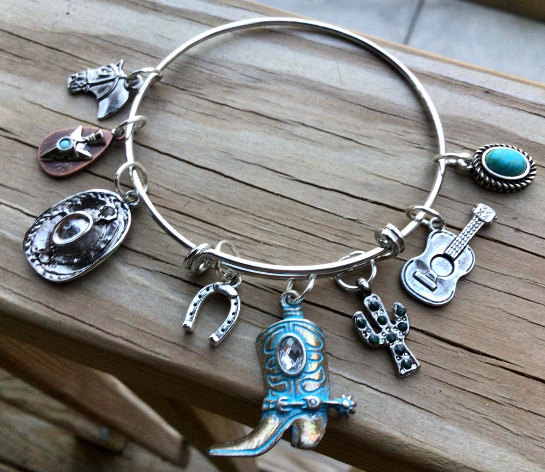Bracelet à breloques THÈME WESTERN, tête de cheval, cactus, chapeau de ...