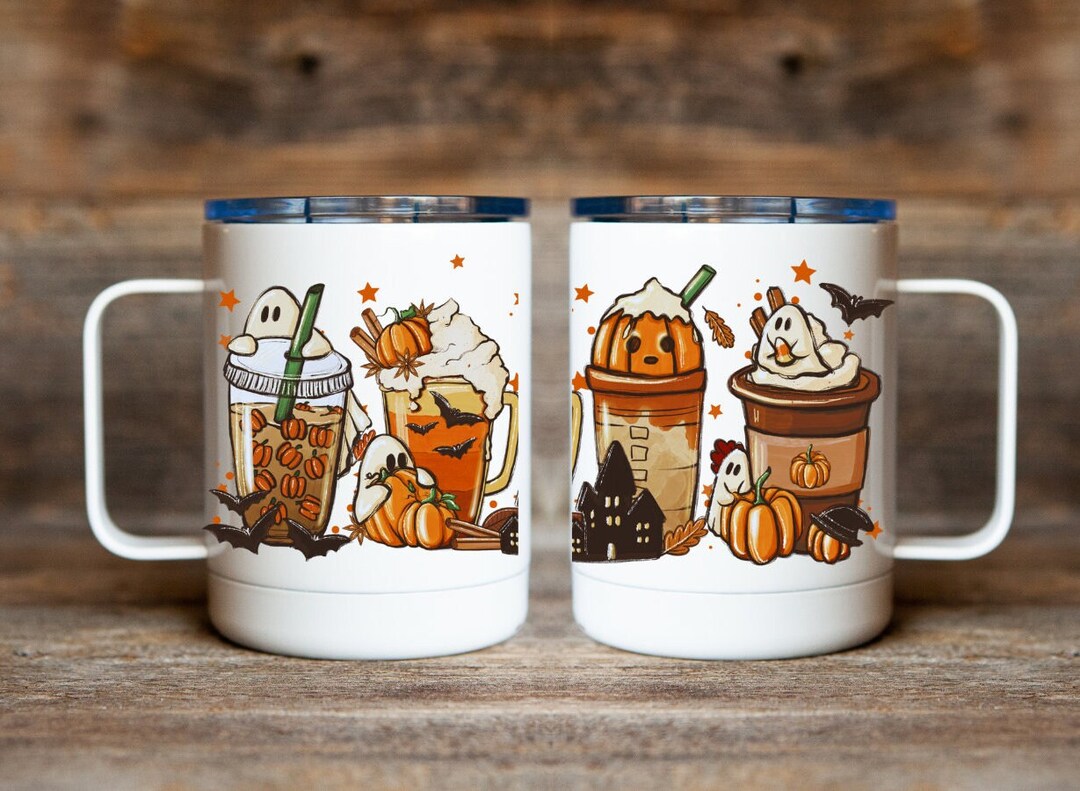 Pumpkin and Ghost Coffee Cup With Lid and Straw, Ghost Coffee Cup, Fall ...