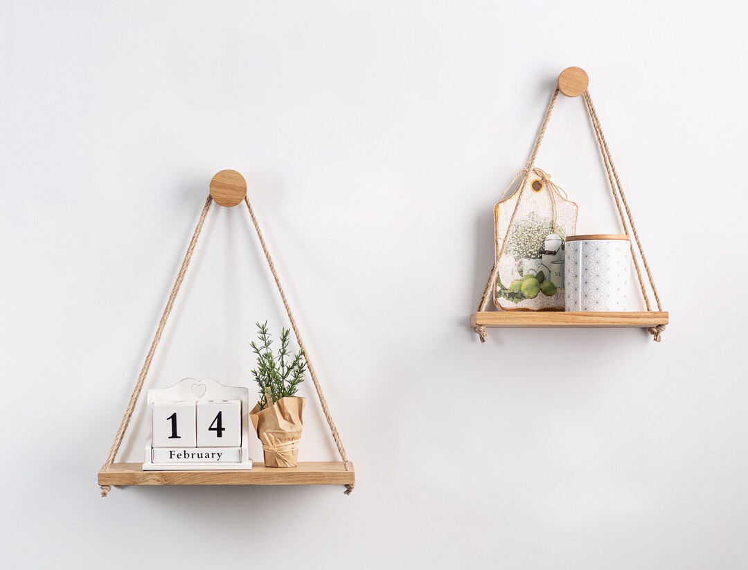 Oak Swing Shelf, Hanging Shelves, Single Floating Shelf, Rope Hanging ...