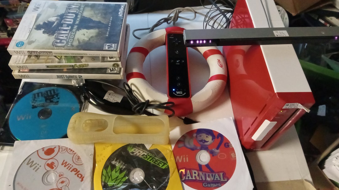 Nintendo Wii Red Console Bundle Racing Wheel 7 Games System - Etsy