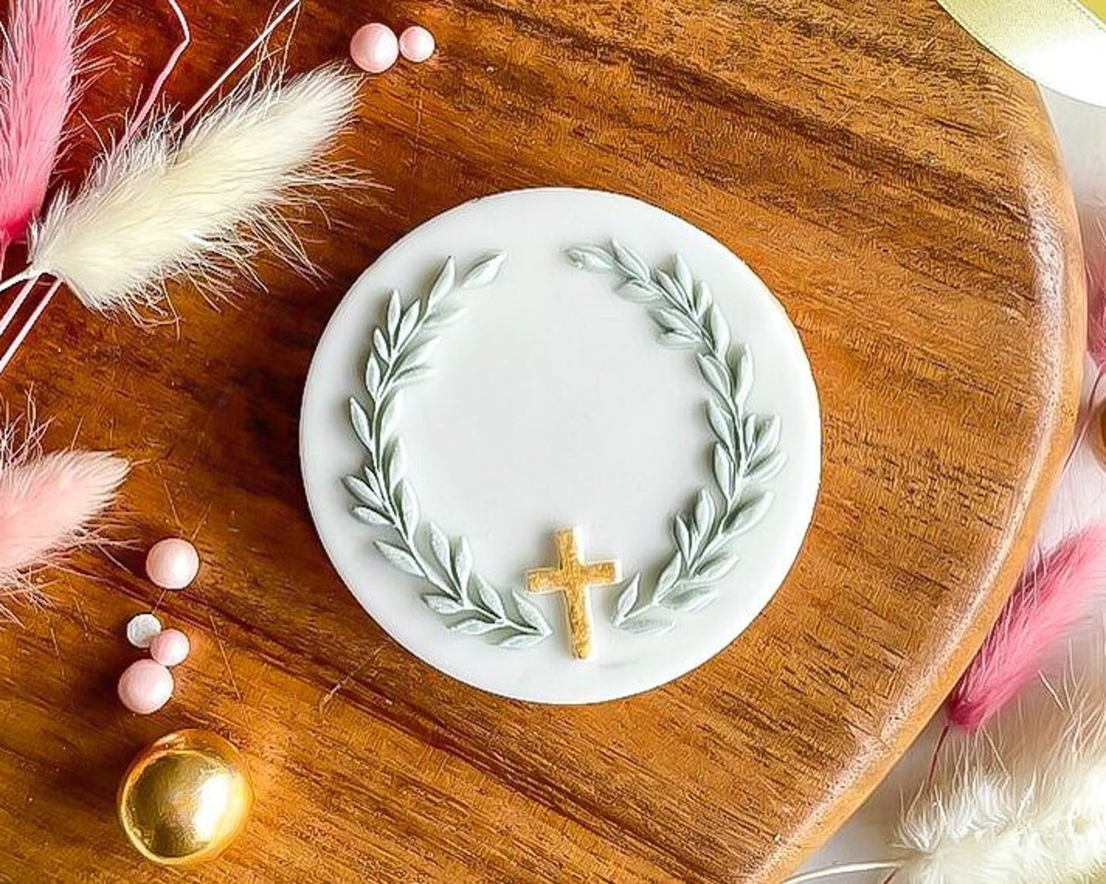 Cross Wreath Embosser Stamp - Reverse Fondant Embosser - Topper for ...