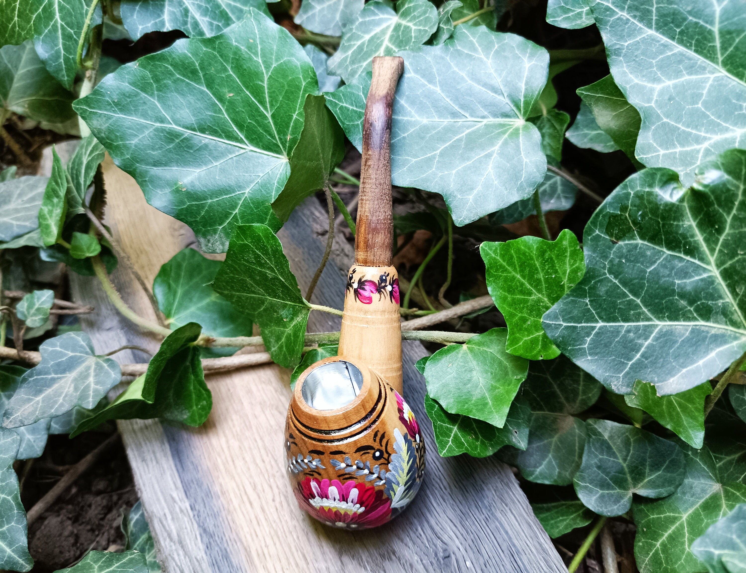 Wooden Pipe for Smoking With Flowers, Painted Tobacco Pipe Wood, Floral ...