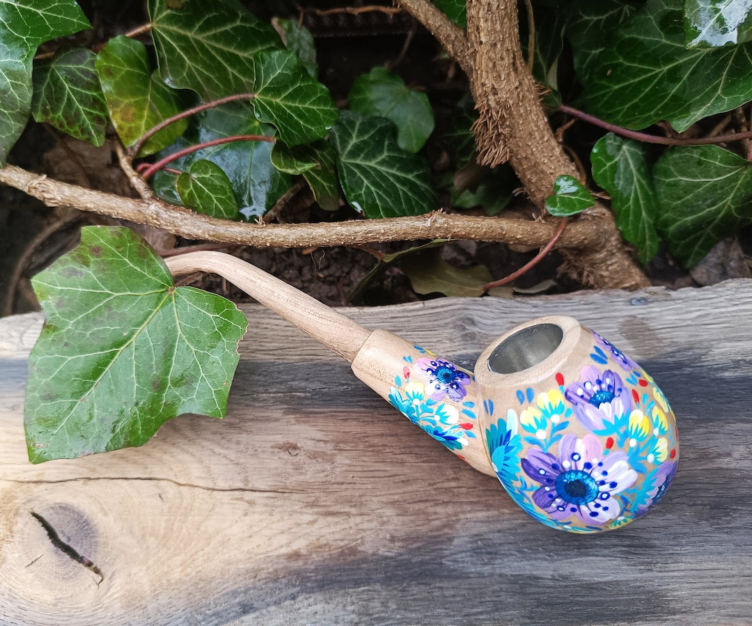 Wood Pipe for Smoking With Blue Purple Flowers, Painted Tobacco Pipe ...
